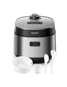 comfee' compact rice cooker 8 cups cooked/4 cups uncooked, 9-in-1 multi cooker, fast rice maker, steam, brown rice, grains, fuzzy logic technology, grey