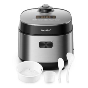 COMFEE' Compact Rice Cooker 8 Cups Cooked/4 Cups Uncooked, 9-in-1 Multi Cooker, Fast Rice Maker, Steam, Brown Rice, Grains, Fuzzy Logic Technology, Grey