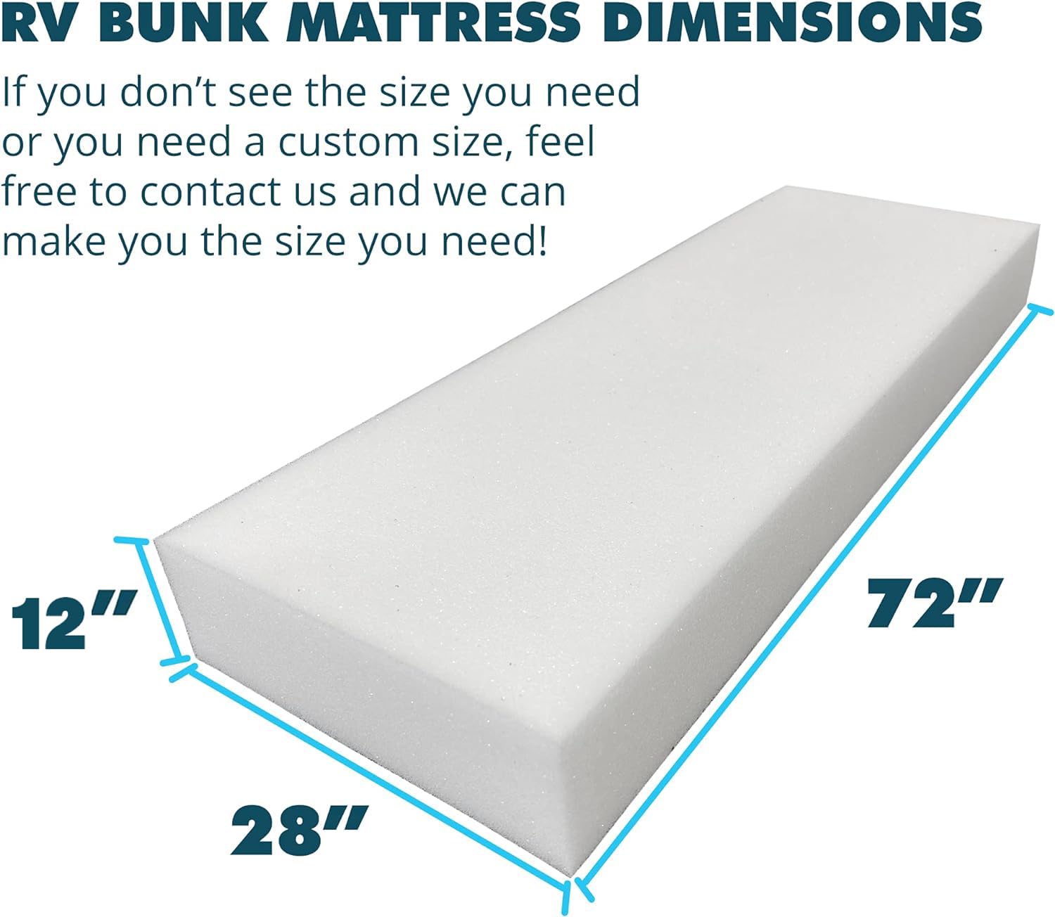 Foamma 12" x 28" x 72" High Density RV Bunk Mattress Replacement, Firm, Durable, Premium Comfort, USA Made, No Cover