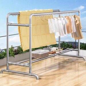 wpptnsfy clothing hanger for laundry, clothes drying rack 160/200cm indoor outdoor, heavy duty adjustable clothes airers, clothes drying rack with 2 rods, windproof hooks (1.6m)