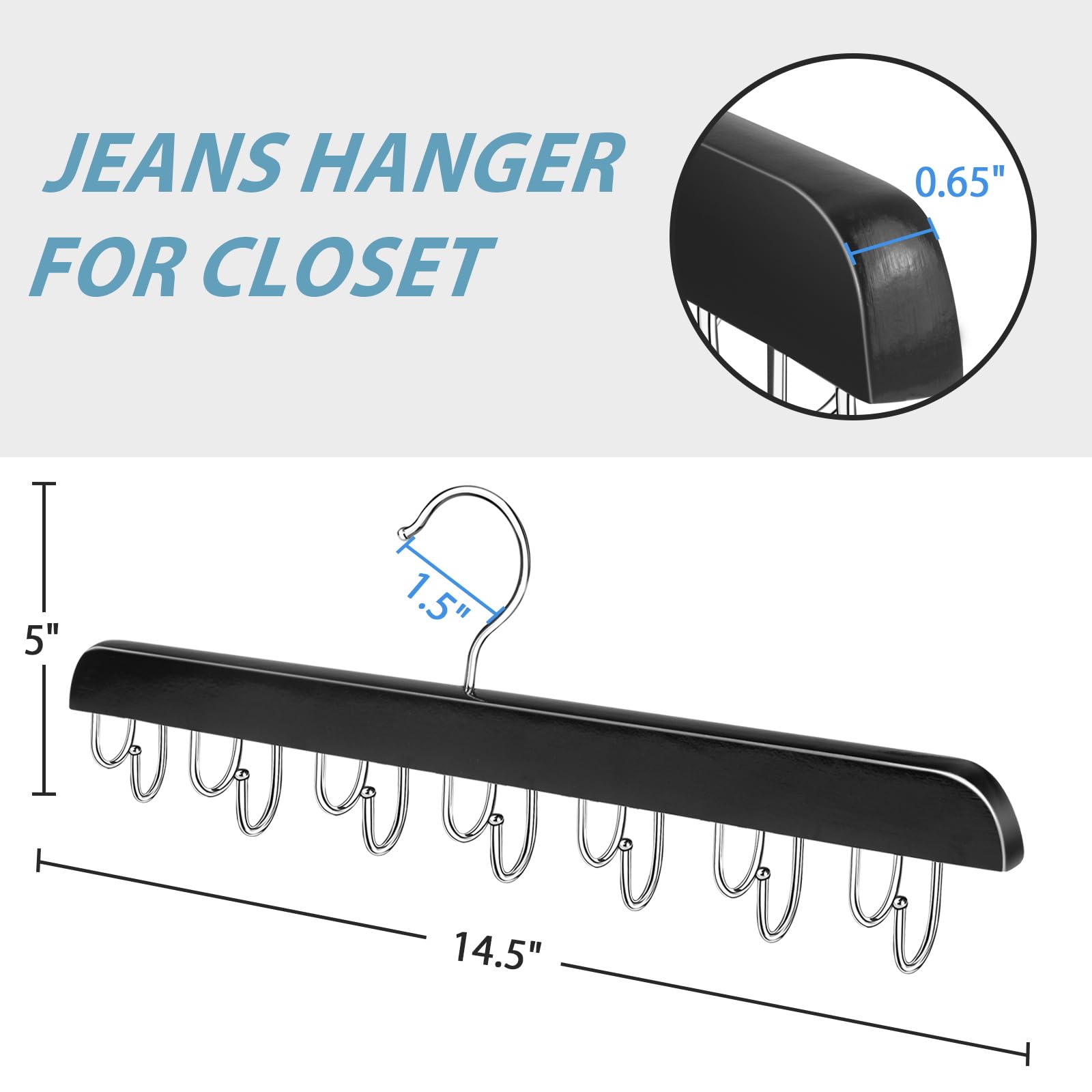 Jean Organizer for Closet, Jeans Hanger, 14 Hooks Wood Hanger for Jeans, Pants Hangers Space Saving-1 Pack