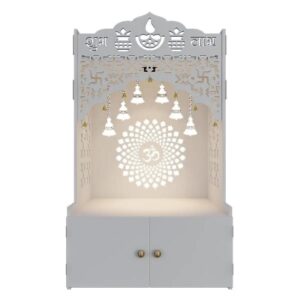 Homscape Divine Wooden Temple for Serenity with Spacious Shelf & Inbuilt Focus Light - White Color