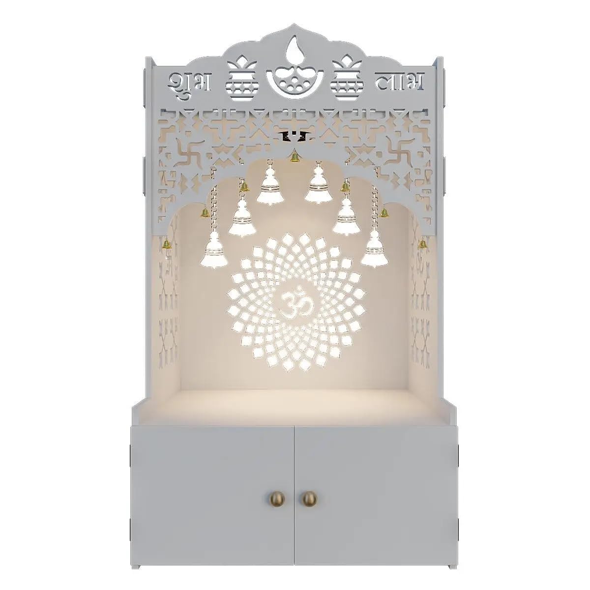 Homscape Divine Wooden Temple for Serenity with Spacious Shelf & Inbuilt Focus Light - White Color