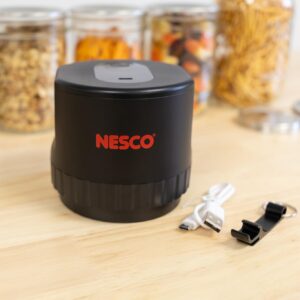 Nesco Electric Mason Jar Vacuum Sealer Kit, Type-C charging, fits wide and regular mouth jars, comes with 5 regular and 5 wide lids, bottle opener, and charging cable