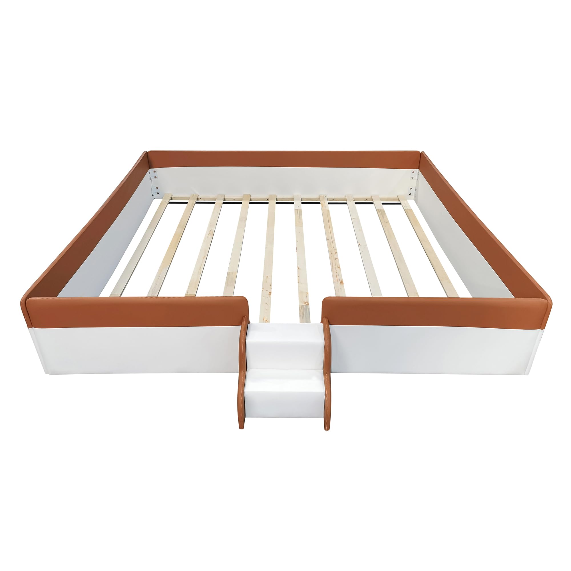 HoRunzelin King Size Soft Floor Bed with Stairs, PU Leather Upholstered Grounded Daybed, Low Profile Montessori Bed with Slat Support for Kids Boys Girls Teens Adults,Brown+White