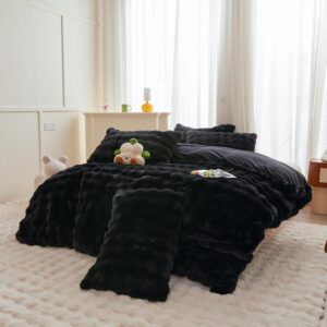 chovy Kids Girls Rabbit Plush Black Bread Grid Comforter Cover Duvet Cover Full - 3PC Faux Fur Bed Set Soft Warm Velvet Flannel Fluffy Fuzzy Bedding（Comforter x 1 Pillowcases x 2）