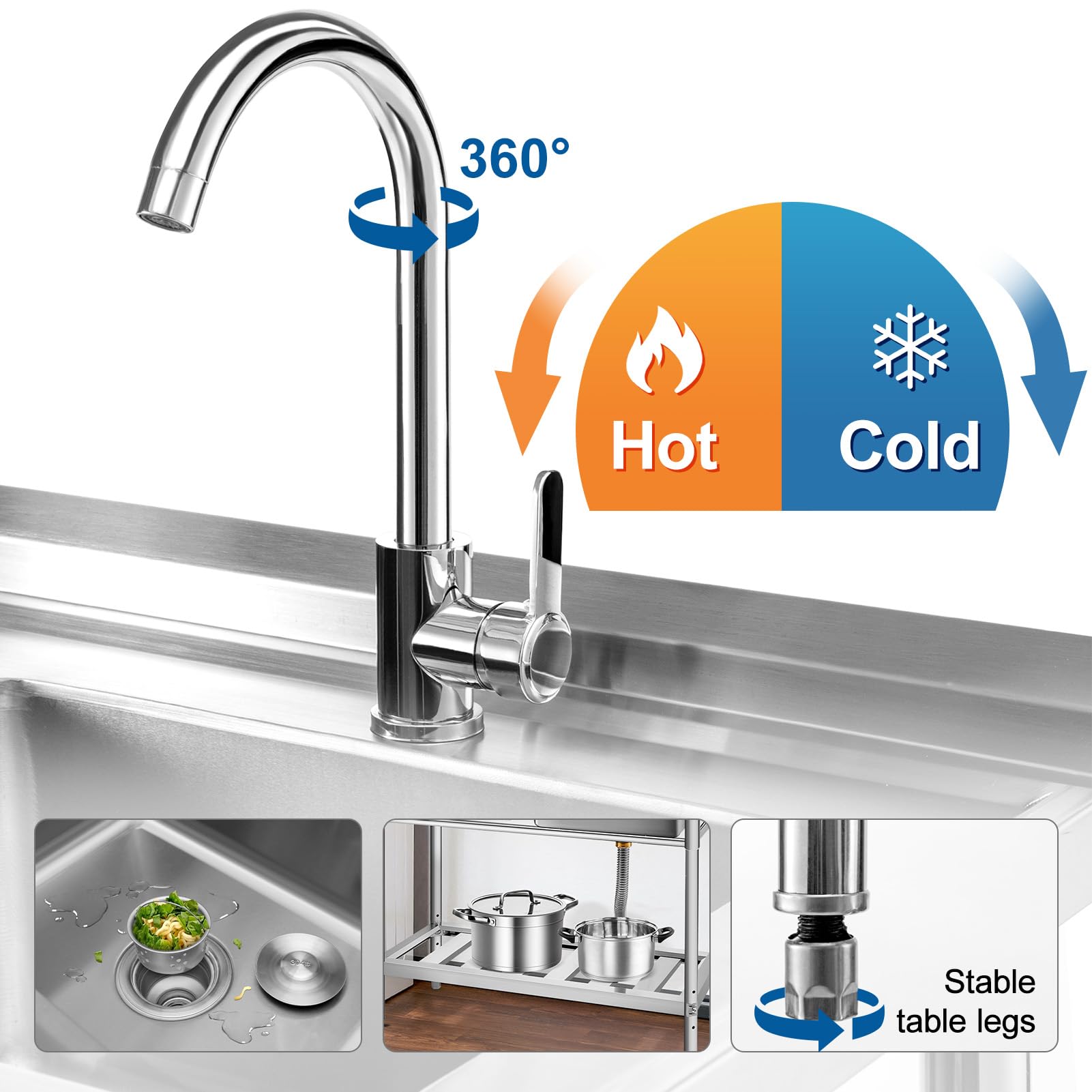 YORKING Stainless Steel Utility Sink, Free Standing Single Bowl Kitchen Sink with Cold and Hot Water Pipe for for Laundry Room Farmhouse Indoor and Outdoor Sink (47 inch)