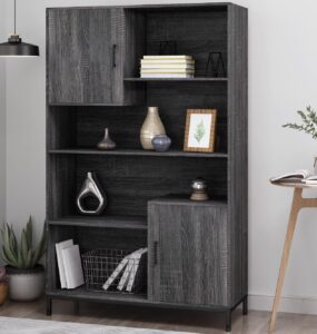 lumiinofami book case, 64.5'' tall bookshelf with 2 storage cabinets, 4 tier bookshelf with storage, cube unit bookcase with doors open shelf bookcase for living room indoor office(dark grey)