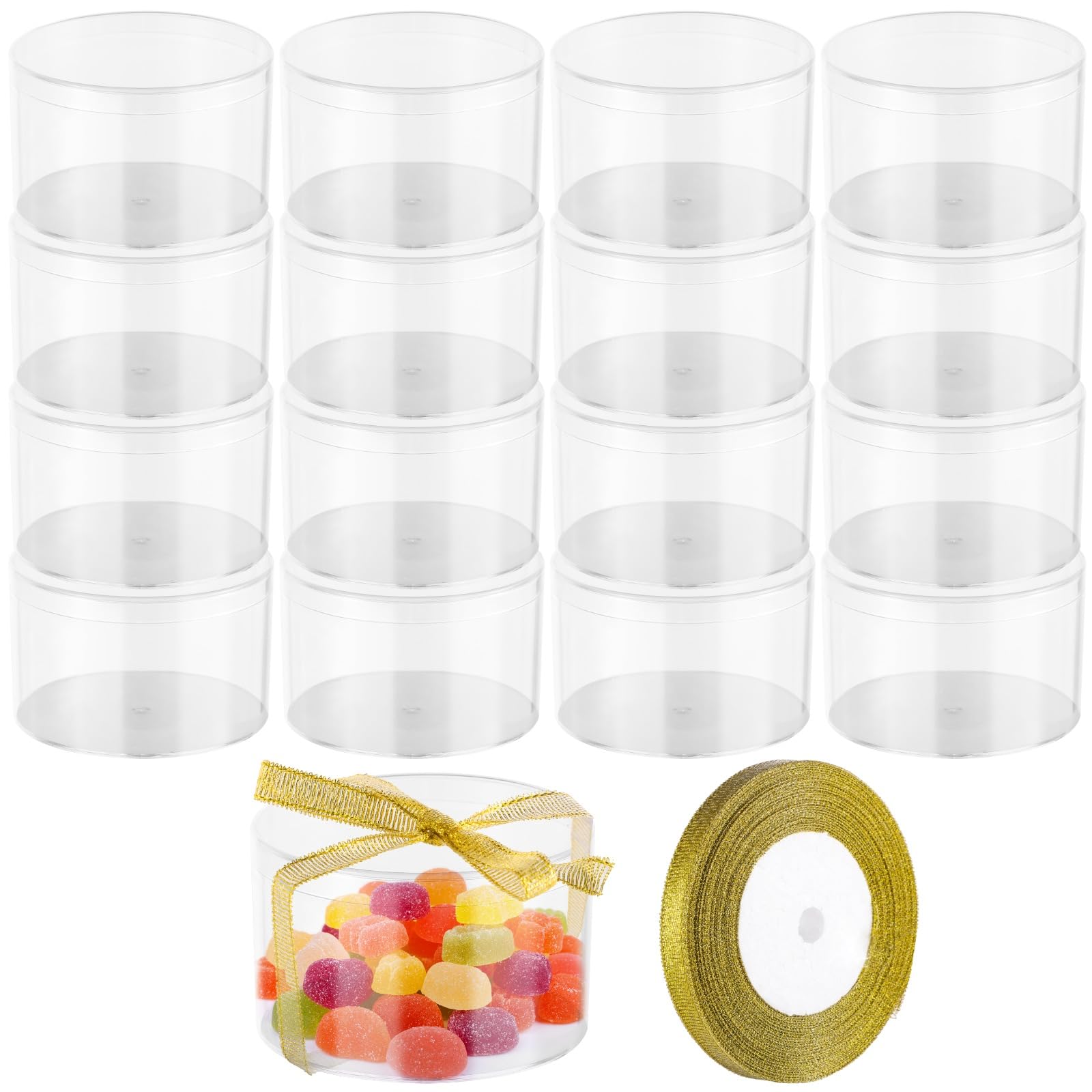 OMISTAR 16 PCS Round Acrylic Plastic Cases with Lids, 3.1 x 3.1 x 1.9 Inches Small Plastic Boxes, Transparent Clear Containers, Mini Storage Display Boxes with Glitter Ribbon for Candy Jewelry Treats