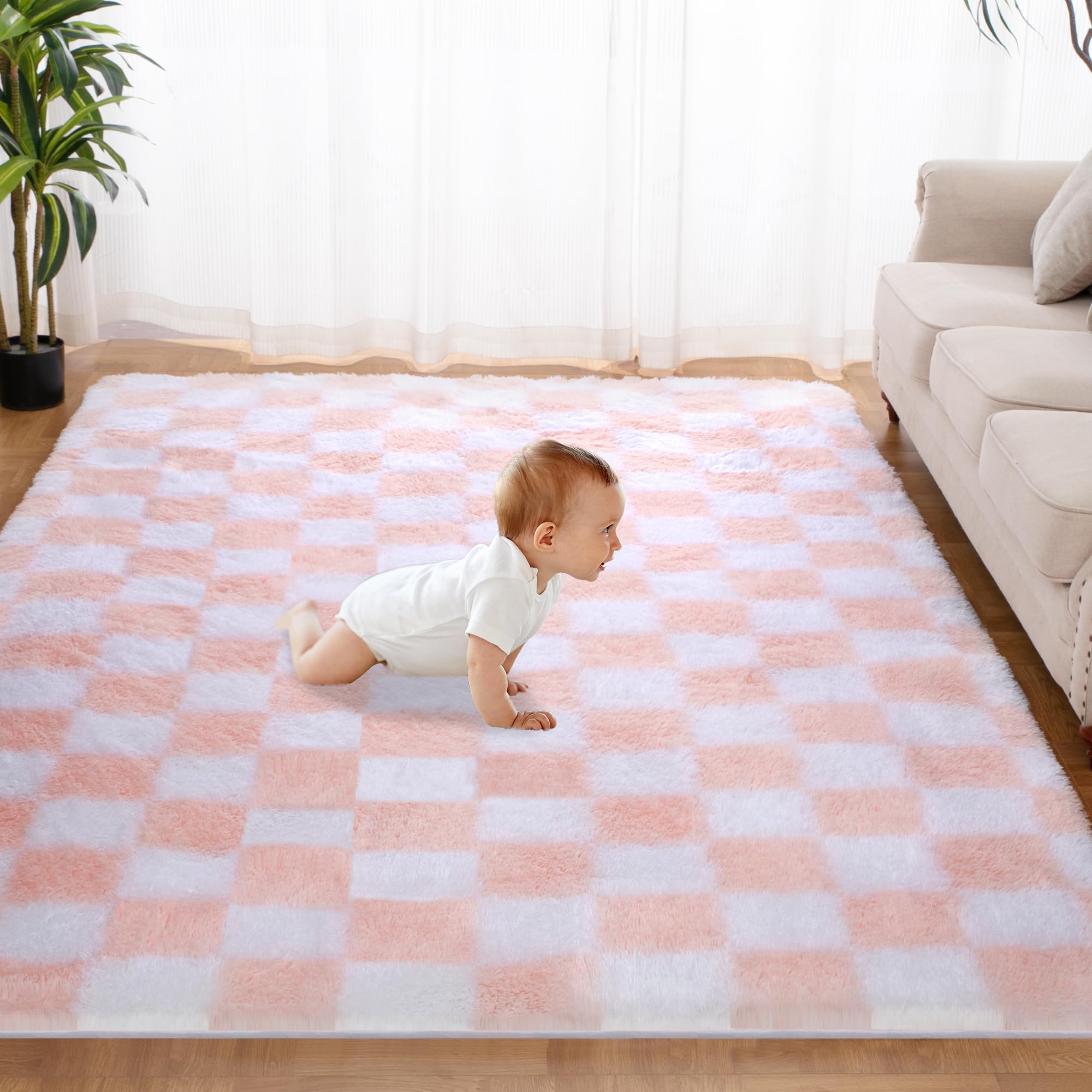 Super Soft Rug for Bedroom, 5x7 Ft Pink and White Area Rug Classic Checkered Shaggy Rug Anti-Skid High Pile Soft Fluffy Rug Fuzzy Carpet for Living Room Bedroom Kids Room Nursery, Dorm Home Decor