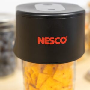 Nesco Electric Mason Jar Vacuum Sealer Kit, Type-C charging, fits wide and regular mouth jars, comes with 5 regular and 5 wide lids, bottle opener, and charging cable