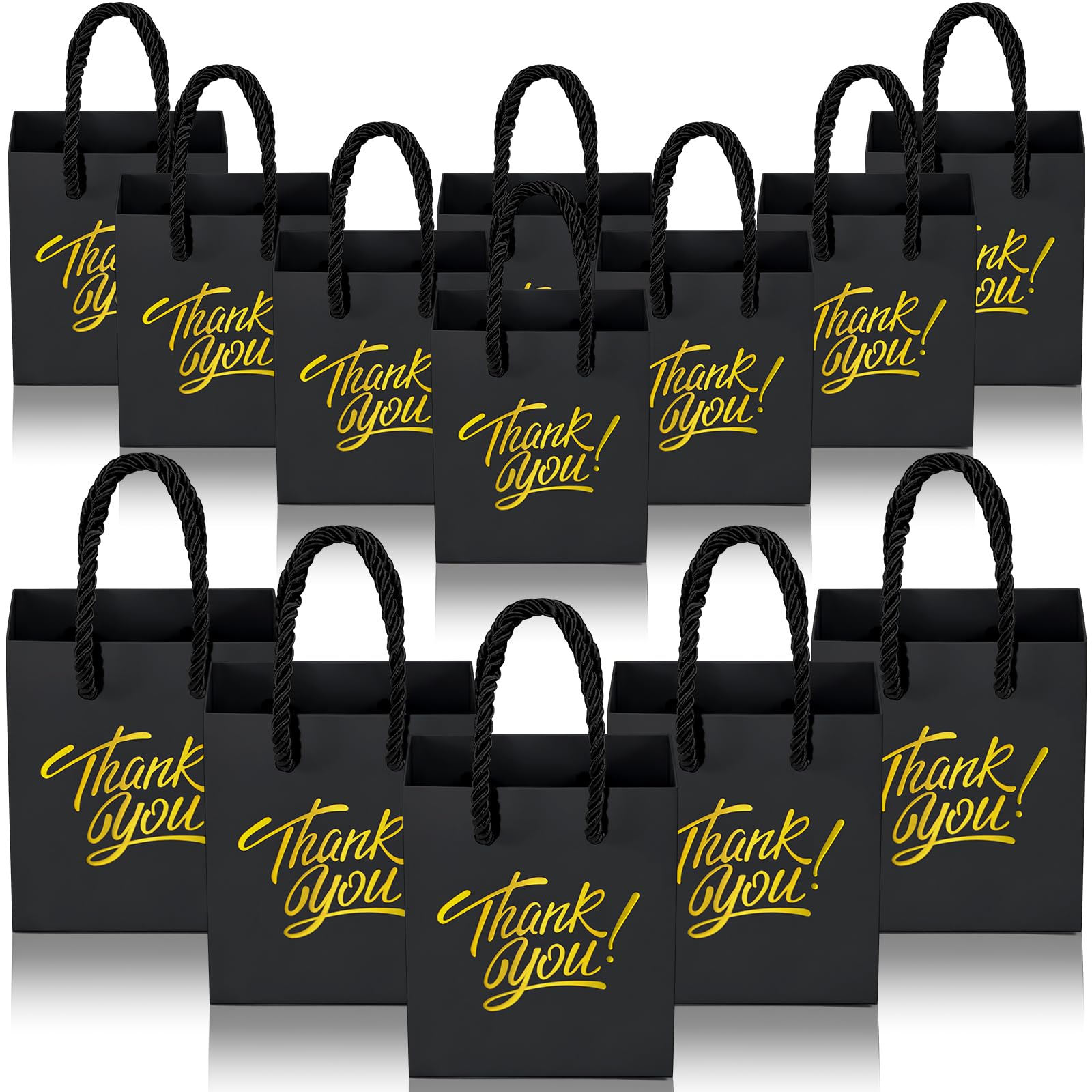 KPOSIYA Small Thank You Gift Bags, 35pcs Mini Gift Bags with Handles,4 x 2.75 x 4.5 Black Small Gift Bags with Tag for Christmas Thanksgiving Party Favors (Black Gold)