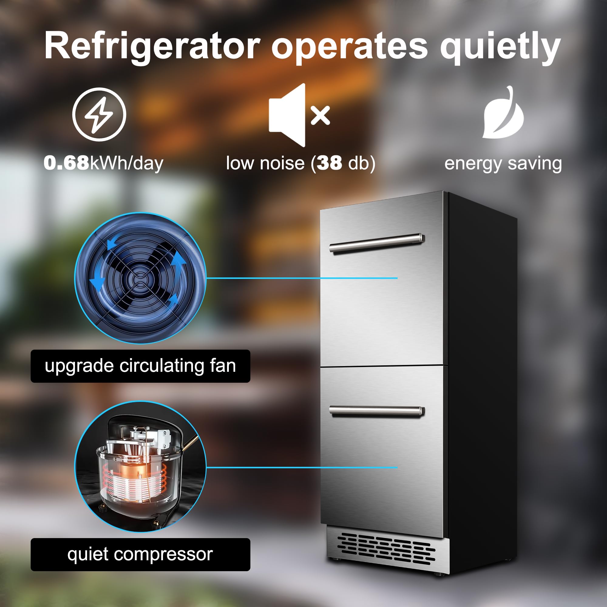 15 Inch Outdoor Refrigerator,Under Counter Double Drawer Beverage Fridge,3.39 Cu.Ft.Stainless Steel Waterproof Built-in Freezer for Patio Kitchen,Silver&Black Drawer Fridge Indoor Outdoor Use