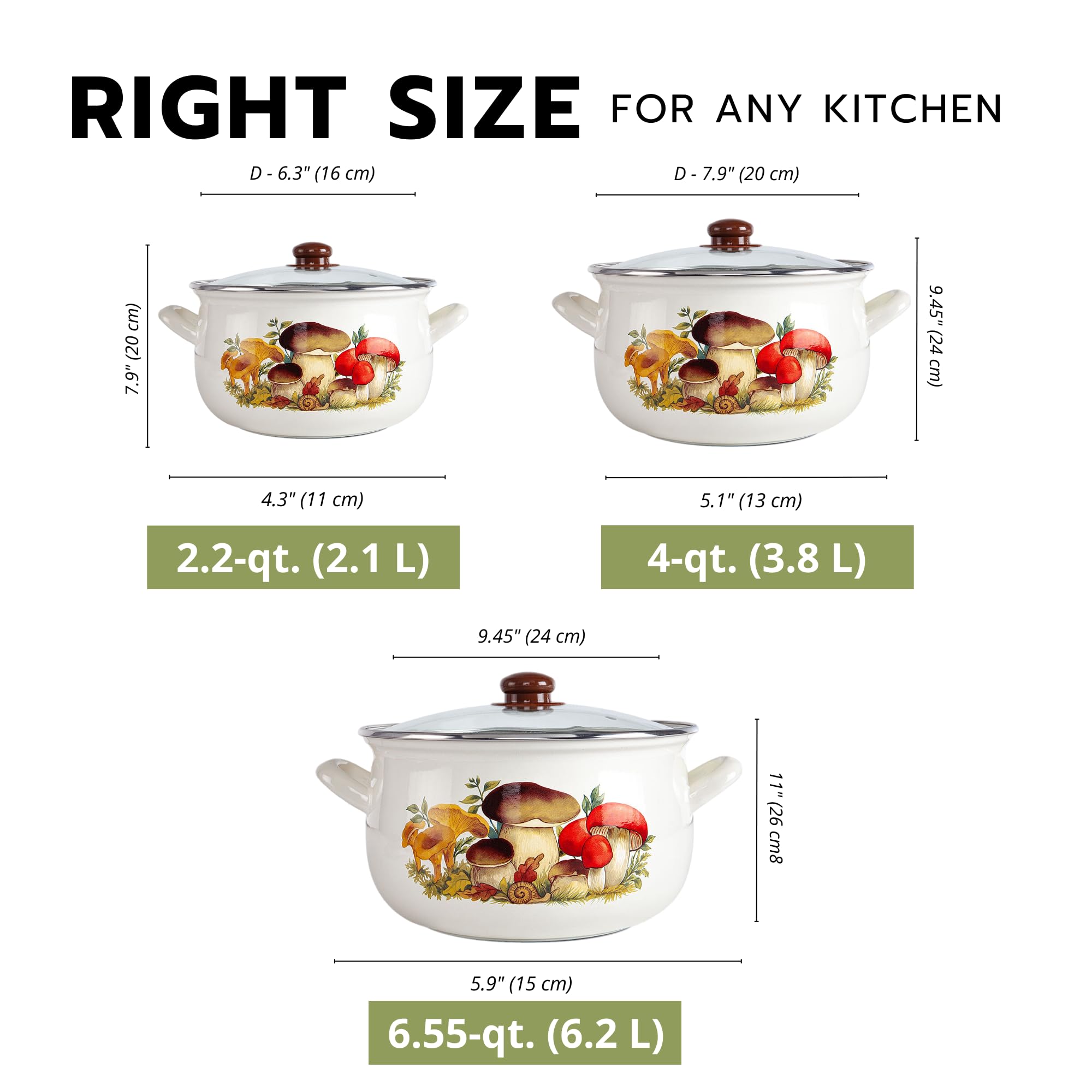 Mushrooms Enamel Belly Deep Stock Pot Set with Tempered Glass Lids Set of 3