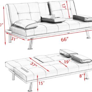 OUUI Futon Sofa Bed Modern Couches for Living Room Convertible Recliner Sleeper Sofa Loveseat with 2 Cup Holders, Removable Armrests (Light Gray)