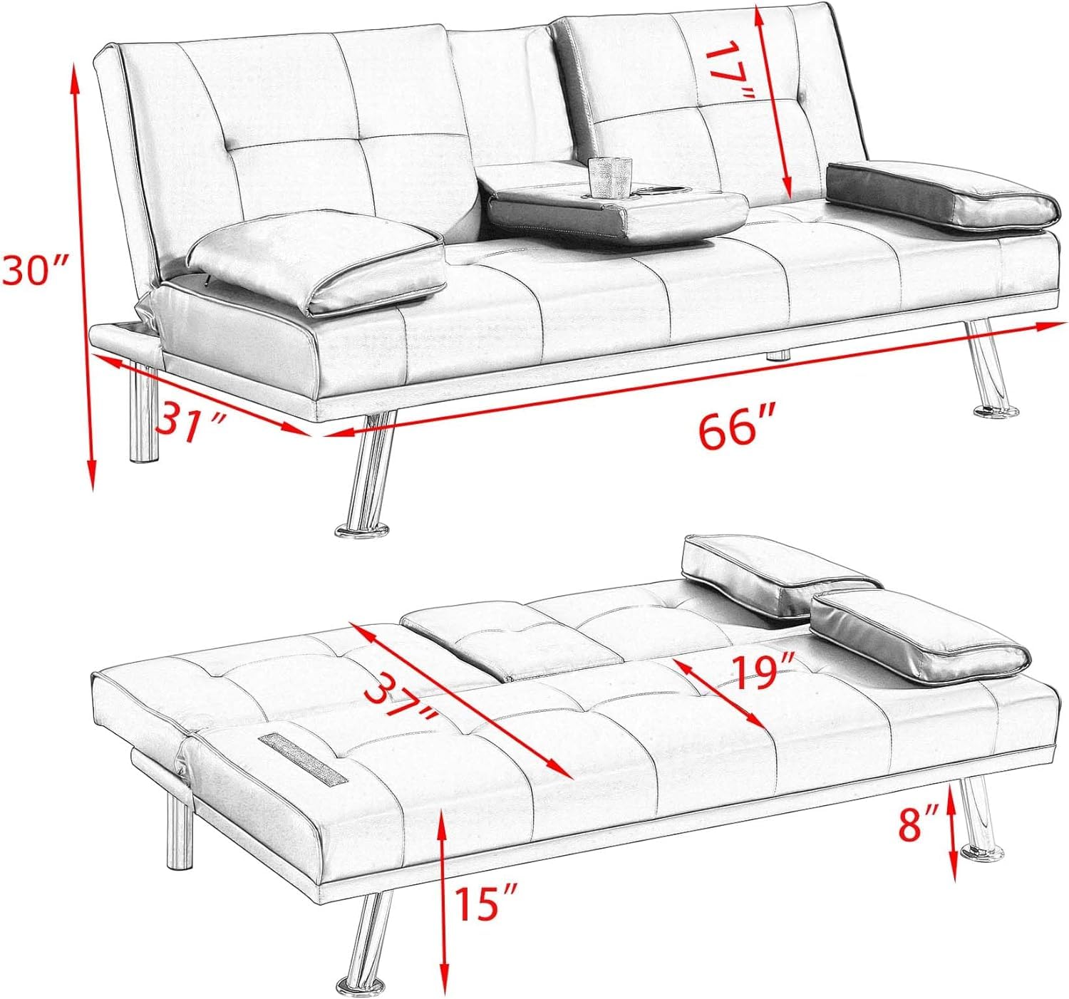 OUUI Futon Sofa Bed Modern Couches for Living Room Convertible Recliner Sleeper Sofa Loveseat with 2 Cup Holders, Removable Armrests (Light Gray)