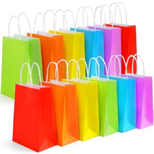 rainbow colored gift bags - 18 pack with sturdy handles, durable kraft paper goodie bags - candy bags for halloween, party favors, birthdays, baby showers, weddings, celebration, christmas decor