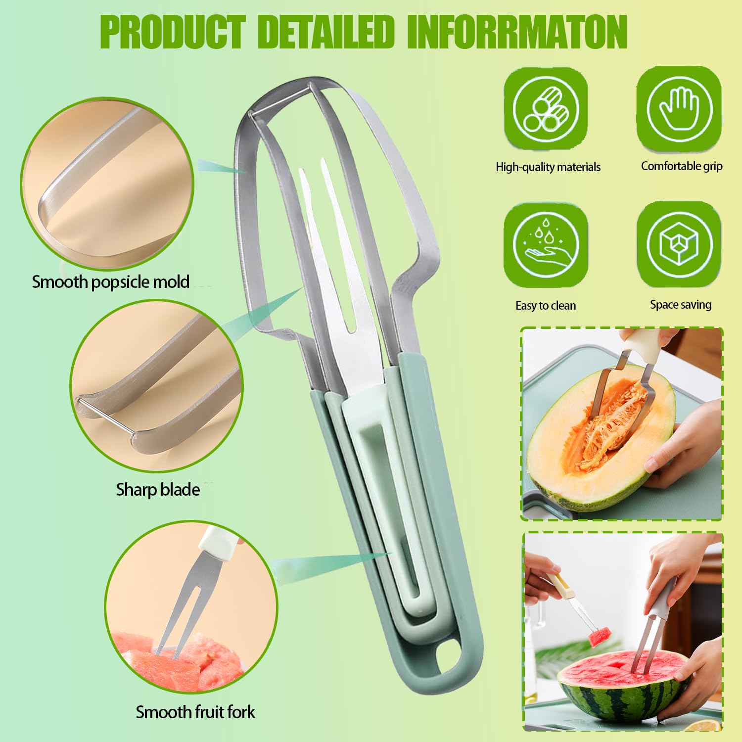 3-in-1 Watermelon Fork Slicer Cutter,Watermelon Cutter Slicer Tool,Stainless Steel Watermelon Windmill Cutter,Melon Cutter Knife Portability Fruit Fork for Kitchen, picnicking (Green)