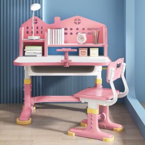 Hiborth Kids Adjustable Study Desk and Chair Set with Castle Backboard, Widened Desktop, and Bookstand