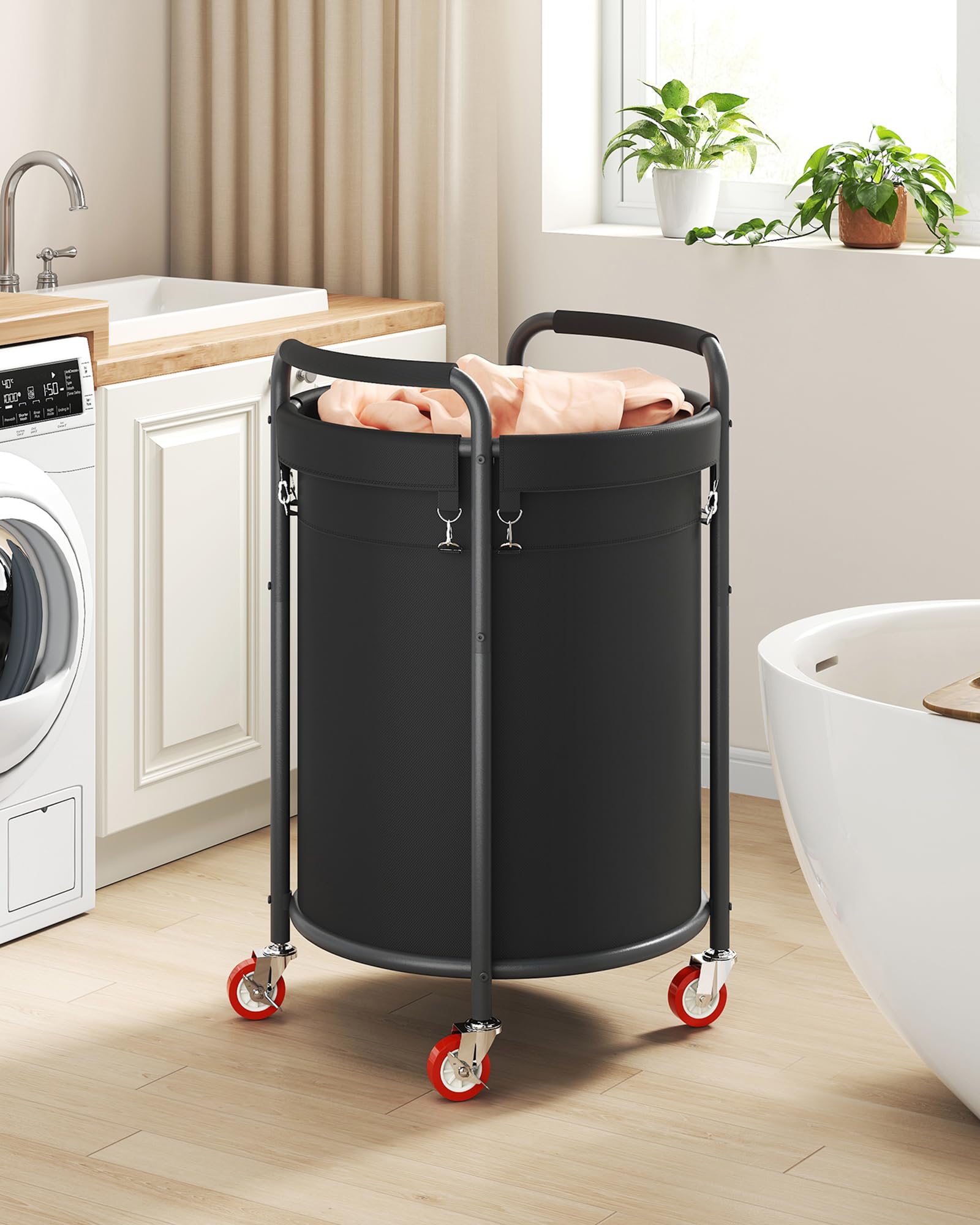 Laundry Basket with Wheels, Rolling Laundry Hamper, 50 Gal. (190L), Round Laundry Sorter Cart with 4 Casters, Removable Liner, Steel Frame with Handle for Bedroom, Bathroom, Laundry Room