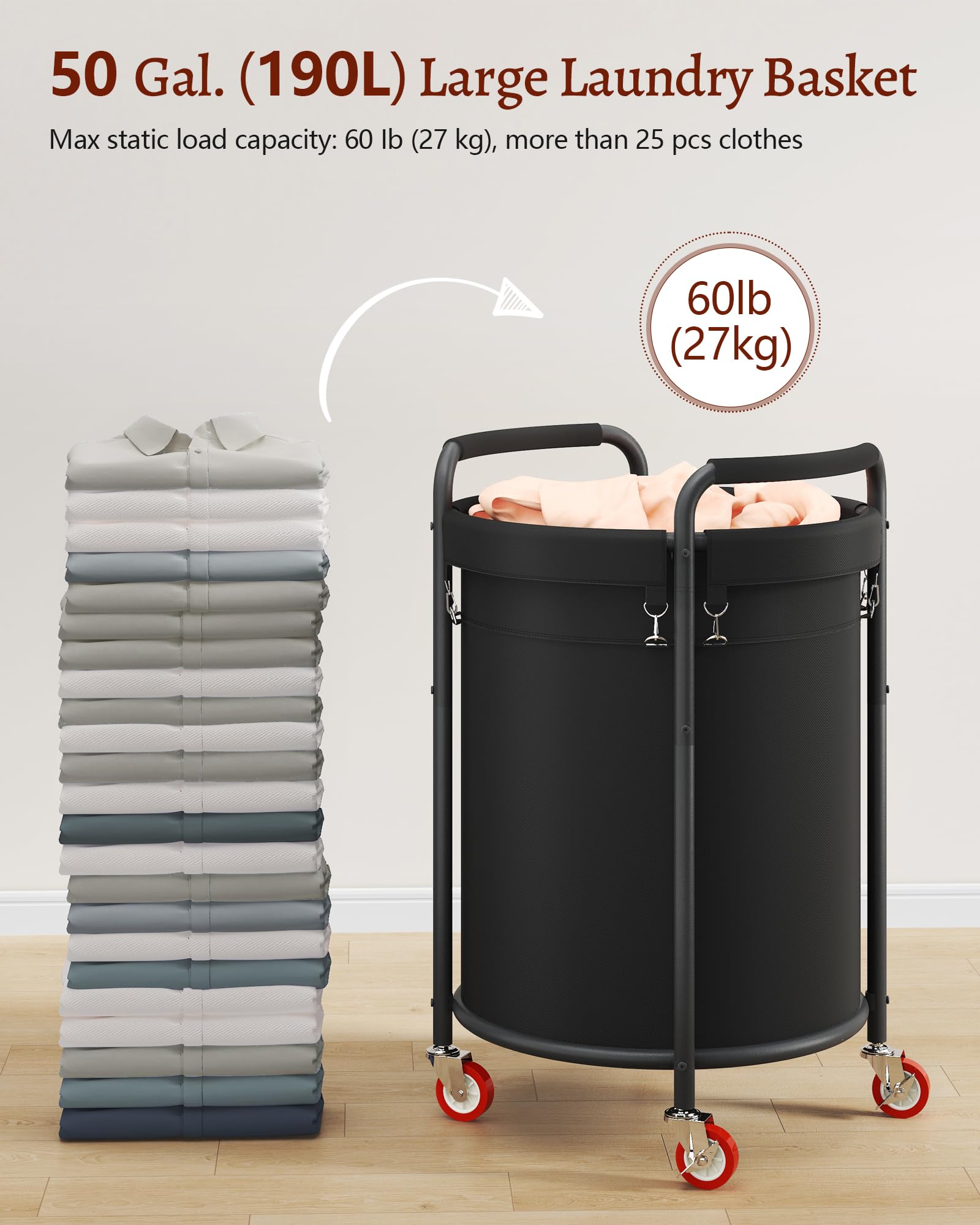 Laundry Basket with Wheels, Rolling Laundry Hamper, 50 Gal. (190L), Round Laundry Sorter Cart with 4 Casters, Removable Liner, Steel Frame with Handle for Bedroom, Bathroom, Laundry Room