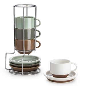 sweese 2.5 ounce espresso cups set of 4, porcelain stackable coffee cups with saucers and metal stand, multicolor