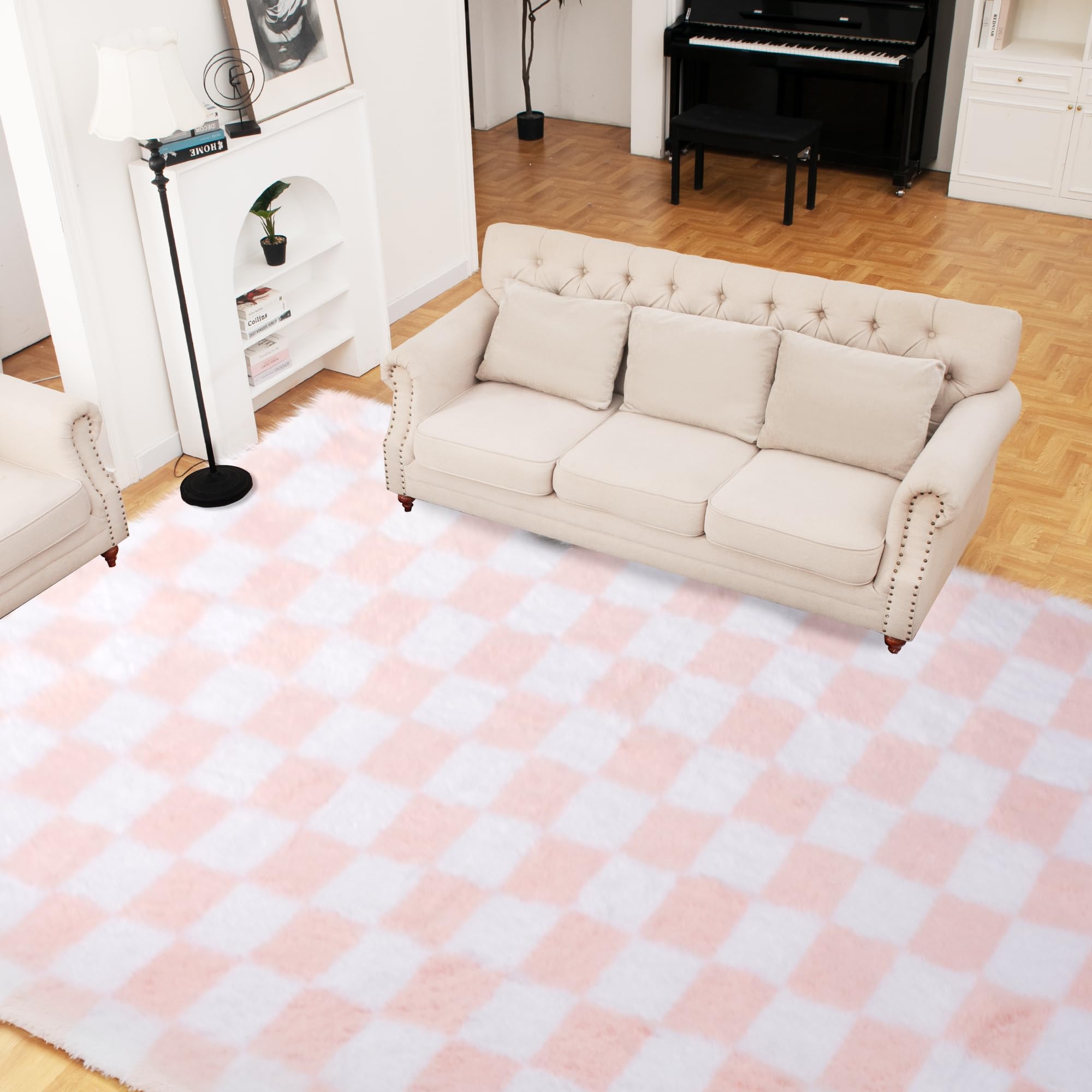 Super Soft Rug for Bedroom, 5x7 Ft Pink and White Area Rug Classic Checkered Shaggy Rug Anti-Skid High Pile Soft Fluffy Rug Fuzzy Carpet for Living Room Bedroom Kids Room Nursery, Dorm Home Decor