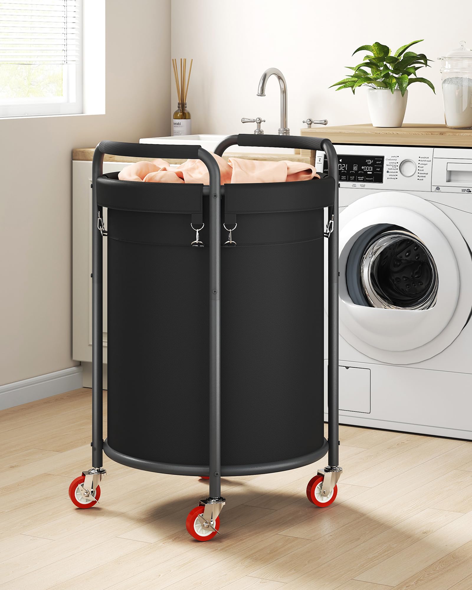 Laundry Basket with Wheels, Rolling Laundry Hamper, 50 Gal. (190L), Round Laundry Sorter Cart with 4 Casters, Removable Liner, Steel Frame with Handle for Bedroom, Bathroom, Laundry Room