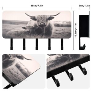 Burbuja Highland Cow Key Holder with 5 Key Hooks, Self Adhesive Wall Mounted Key Racks Mail Storage Organizer for Entryway, Home Decor