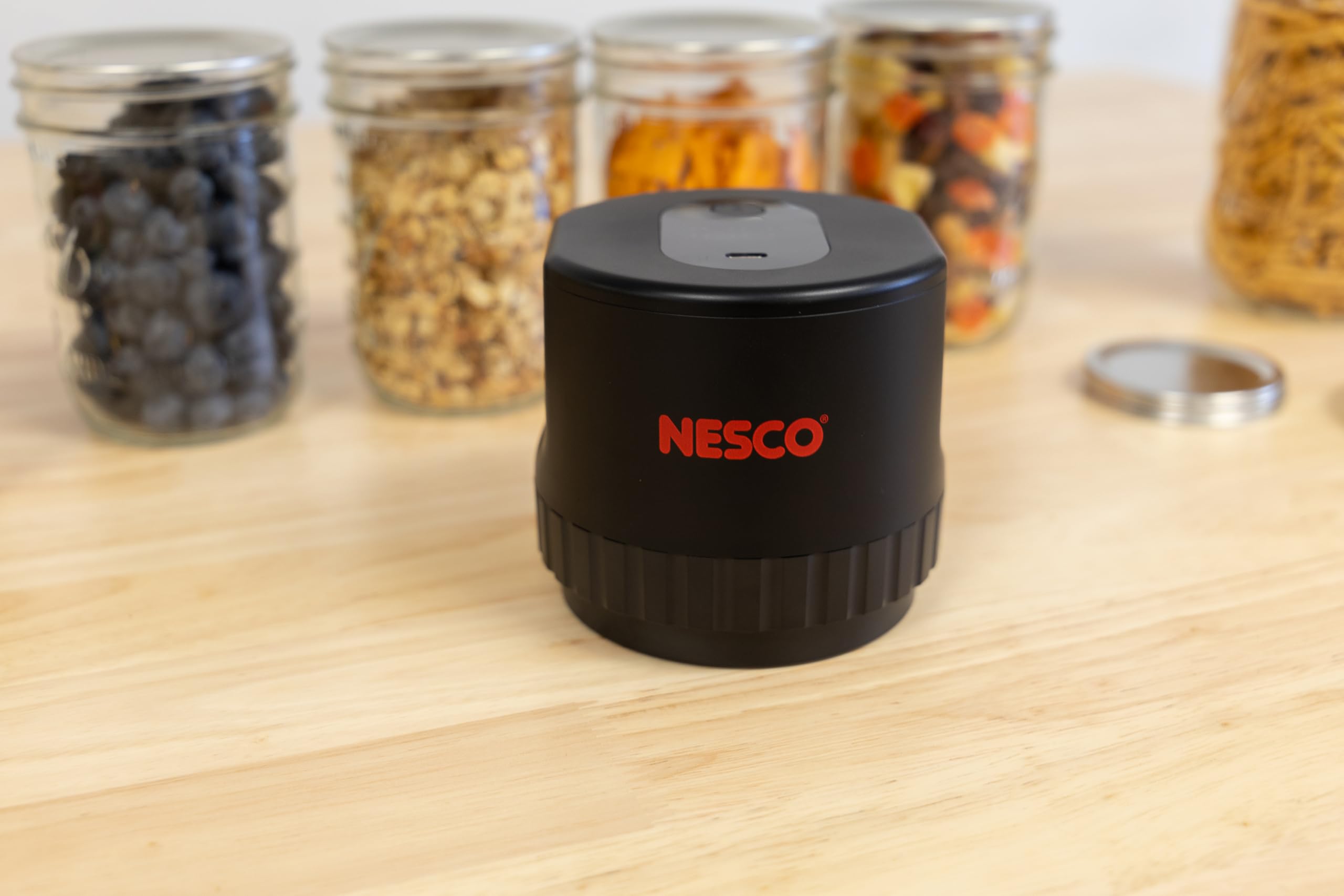 Nesco Electric Mason Jar Vacuum Sealer Kit, Type-C charging, fits wide and regular mouth jars, comes with 5 regular and 5 wide lids, bottle opener, and charging cable