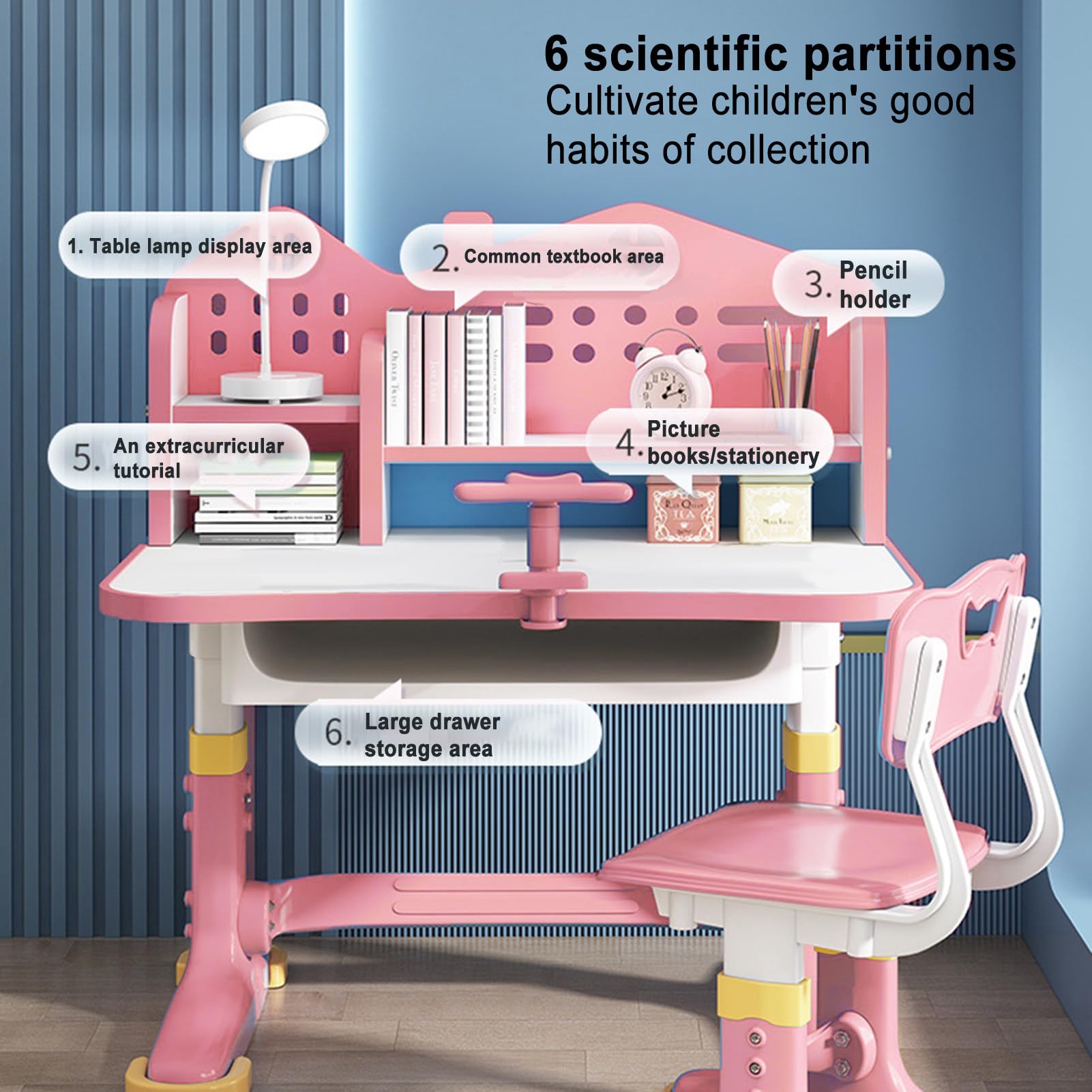 Hiborth Kids Adjustable Study Desk and Chair Set with Castle Backboard, Widened Desktop, and Bookstand