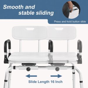 EOSPRIM Sliding Shower Chair Tub Transfer Bench with 360° Swivel Seat, Height Adjustable, Pivoting Arms, 400 Lbs Capacity, for Elderly Disabled and Handicap, Ideal for Bathtubs and Showers (White, L)