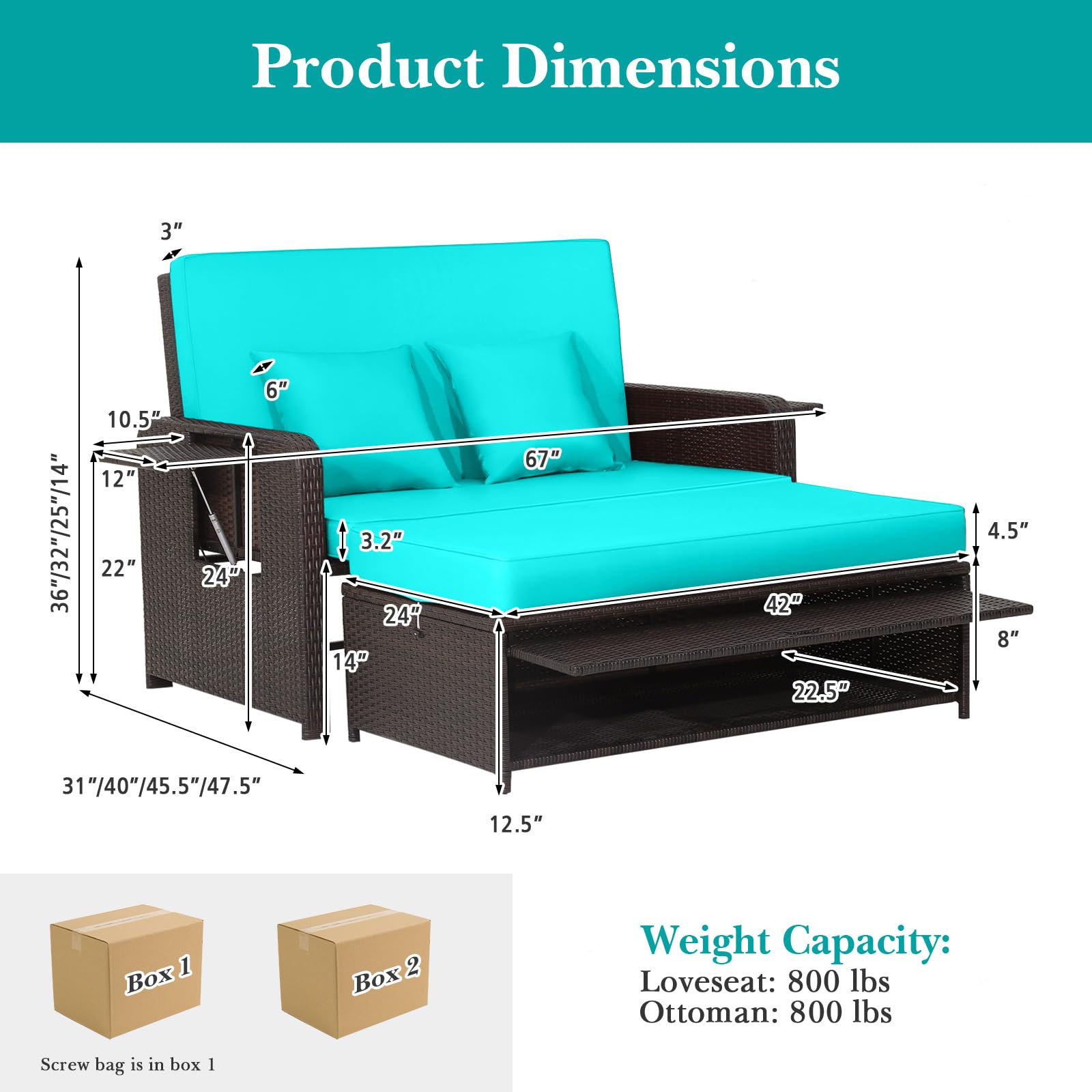 RELAX4LIFE Wicker Patio Outdoor Daybed - Rattan Day Bed Lounger with Loveseat & Storage Ottoman, Sunbed Sofa Set w/Cushions, 4-Level Adjustable Backrest & 2 Retractable Trays, Patio Daybed (Turquoise)