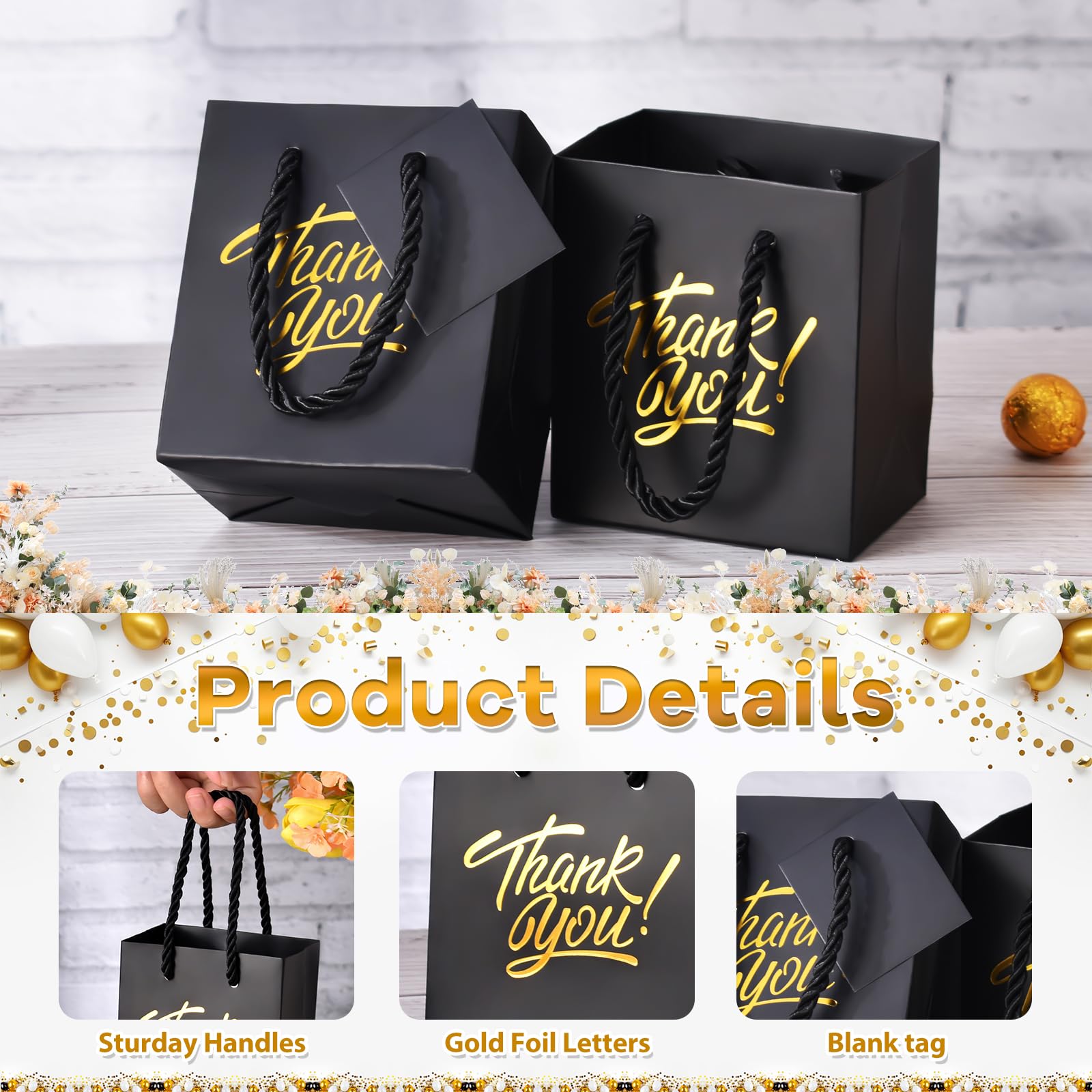 KPOSIYA Small Thank You Gift Bags, 35pcs Mini Gift Bags with Handles,4 x 2.75 x 4.5 Black Small Gift Bags with Tag for Christmas Thanksgiving Party Favors (Black Gold)