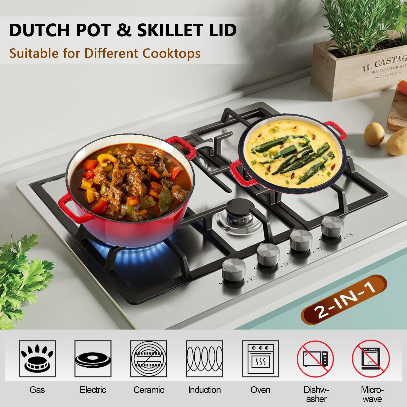 5QT Enameled Dutch Oven, Joyfair 2-in-1 Red Cast Iron Dutch Oven Pot with 2 QT Skillet Lid, Heavy Duty Oven Safe Cookware for Sourdough Bread Baking Braising Stewing Roasting Cooking, Easy Clean