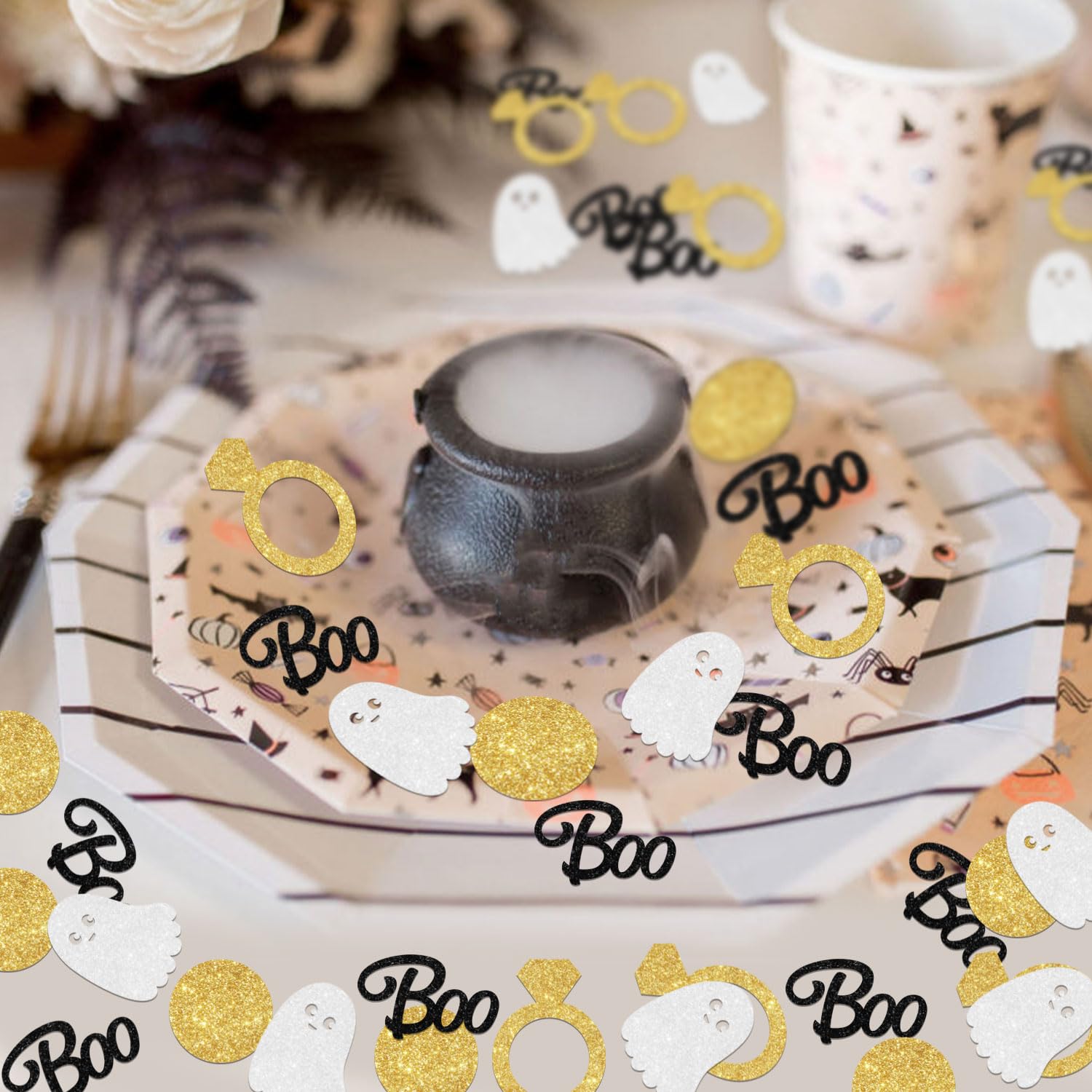 200Pcs Halloween She Found Her Boo Themed Bridal Shower Confetti Gold Black Ghost Diamond Ring Confetti Halloween Table Decorations for Halloween Bridal Shower Engagement Wedding Party Decor Supplies