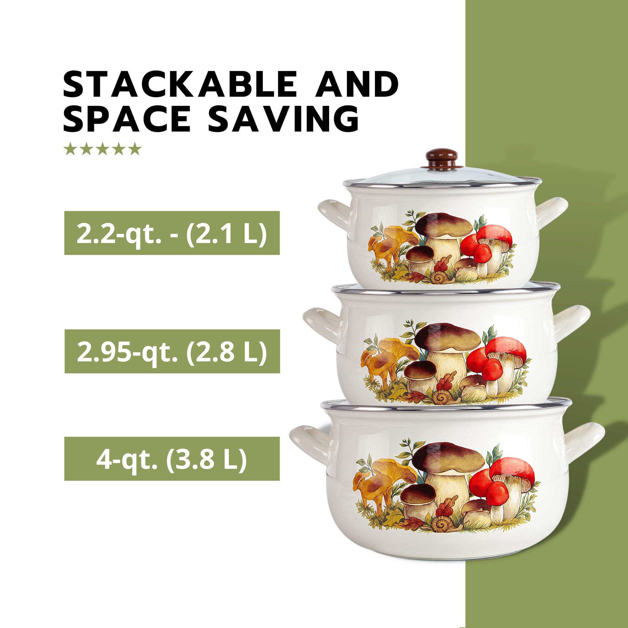 Mushrooms Enamel Belly Deep Stock Pot Set with Tempered Glass Lids Set of 3