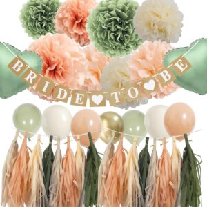 Bridal Shower Decorations Sage Green - Peach Olive Green Boho Bachelorette Party Decorations with Balloons Tissue Paper Flower Pompoms and Tassel Garland (Sage green + Peach)