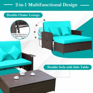 RELAX4LIFE Wicker Patio Outdoor Daybed - Rattan Day Bed Lounger with Loveseat & Storage Ottoman, Sunbed Sofa Set w/Cushions, 4-Level Adjustable Backrest & 2 Retractable Trays, Patio Daybed (Turquoise)