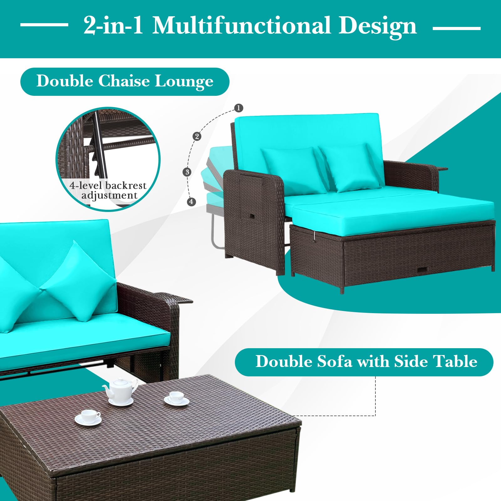 RELAX4LIFE Wicker Patio Outdoor Daybed - Rattan Day Bed Lounger with Loveseat & Storage Ottoman, Sunbed Sofa Set w/Cushions, 4-Level Adjustable Backrest & 2 Retractable Trays, Patio Daybed (Turquoise)