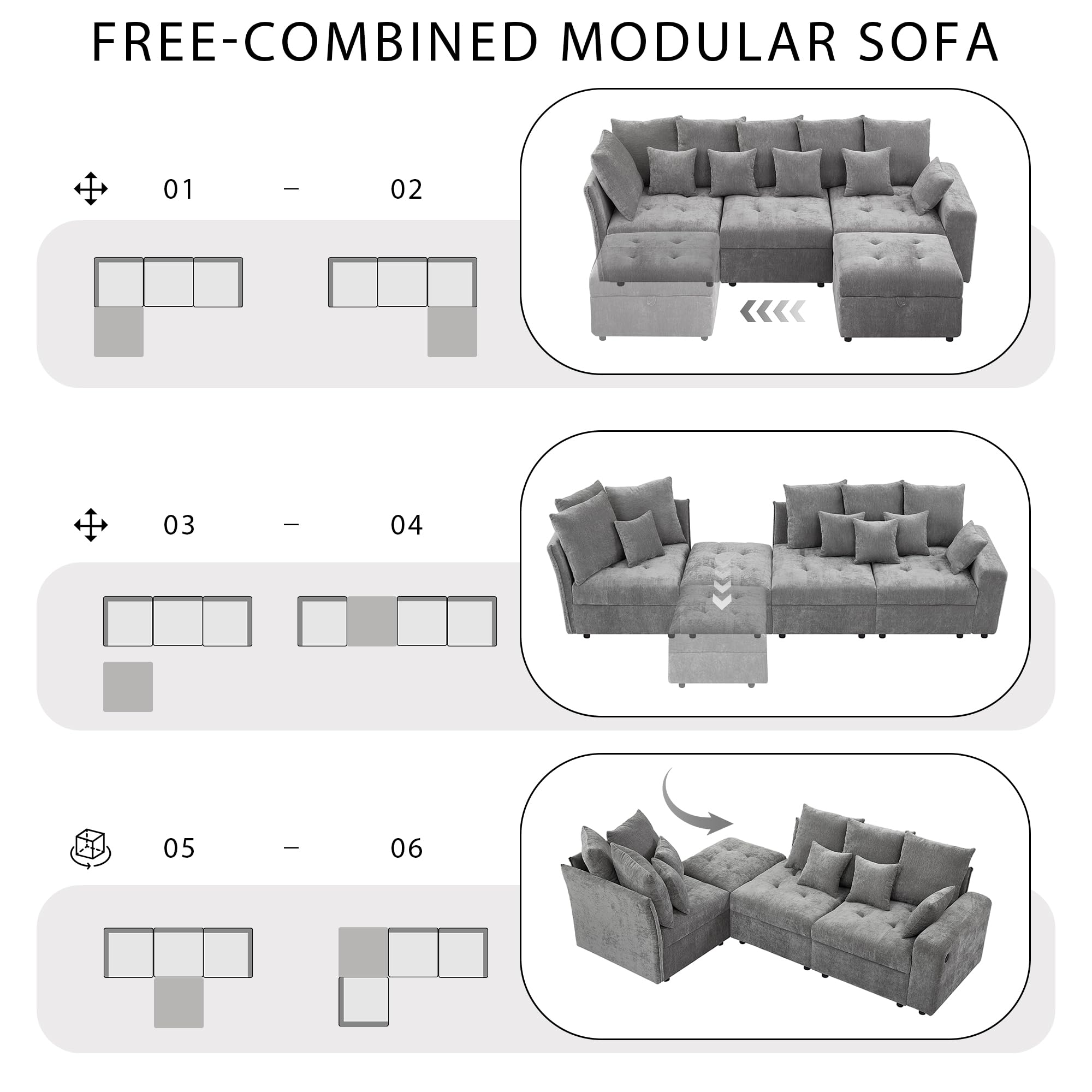 P PURLOVE Modern Sectional Sofa with Convertible Ottoman, Chenille 4-Seat L-Shape Couch with Pillows for Living Room, Apartment, Office, 3 USB Ports (Grey)