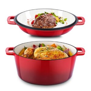 5qt enameled dutch oven, joyfair 2-in-1 red cast iron dutch oven pot with 2 qt skillet lid, heavy duty oven safe cookware for sourdough bread baking braising stewing roasting cooking, easy clean