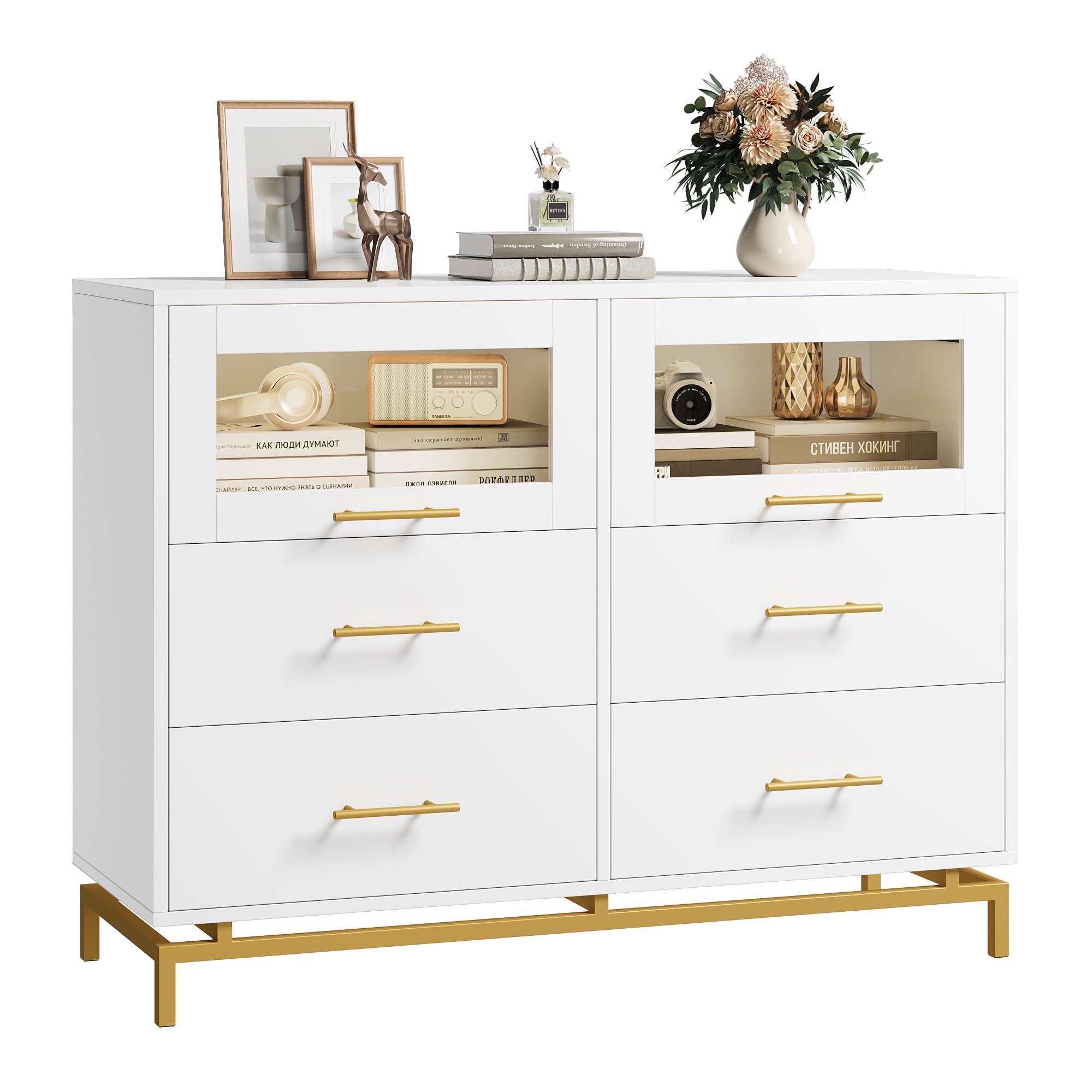 HITHOS White Dresser, 6 Drawer Double Tall Dresser for Bedroom with Fluted Glass Door, Wide Wood Chest of Drawers, Modern Gold Storage Dresser with Sturdy Metal Base for Living Room, Entrway, Hallway