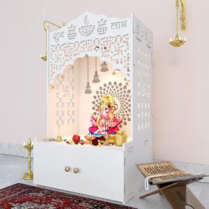 Homscape Divine Wooden Temple for Serenity with Spacious Shelf & Inbuilt Focus Light - White Color