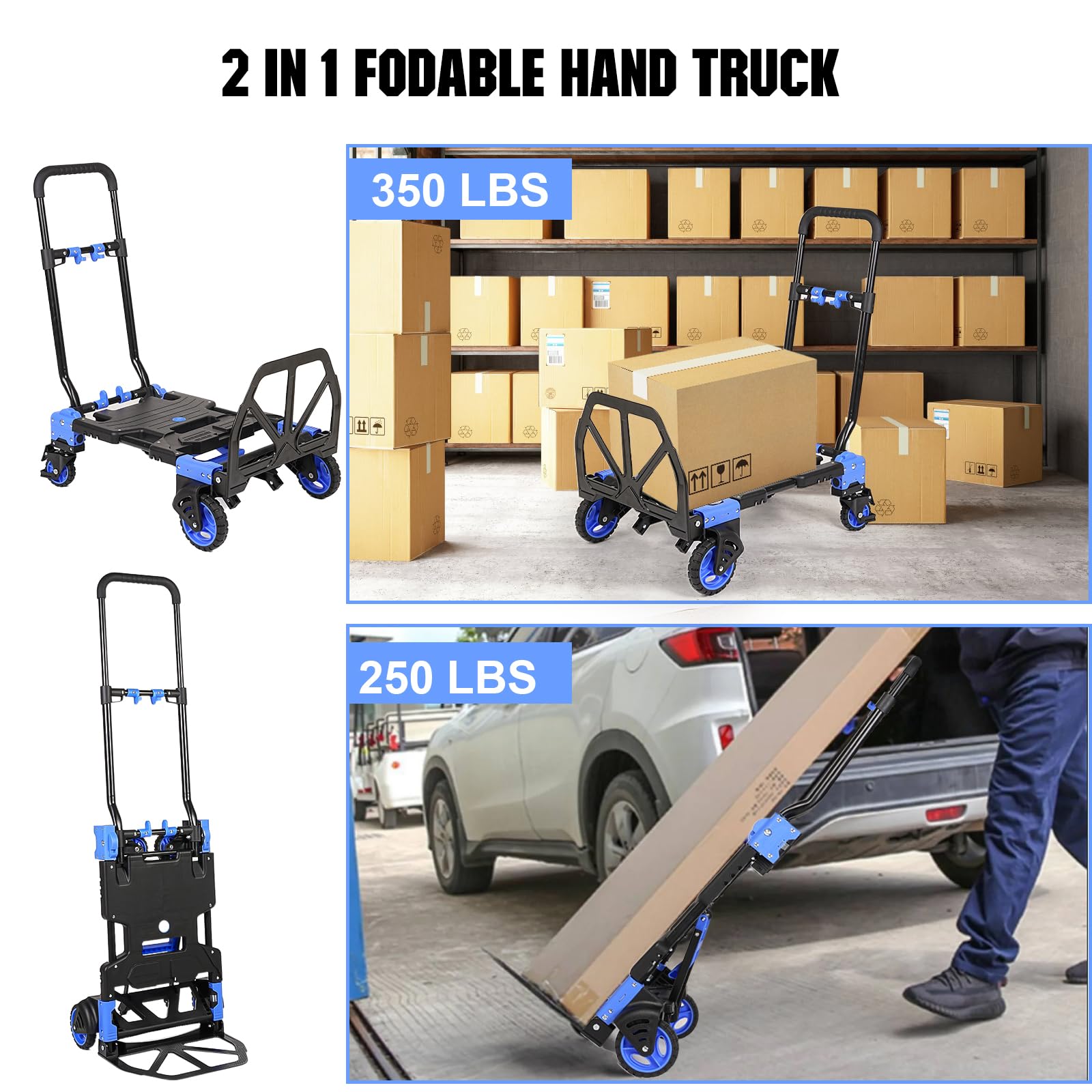 ITEFDTUTNE 2 in 1 Folding Hand Truck Dolly with Basket,330LBS Capacity Hand Cart Foldable, Folding Dolly Cart with Wheels, Collapsible Dolly, Hand Truck Foldable Dolly with Retractable Handle