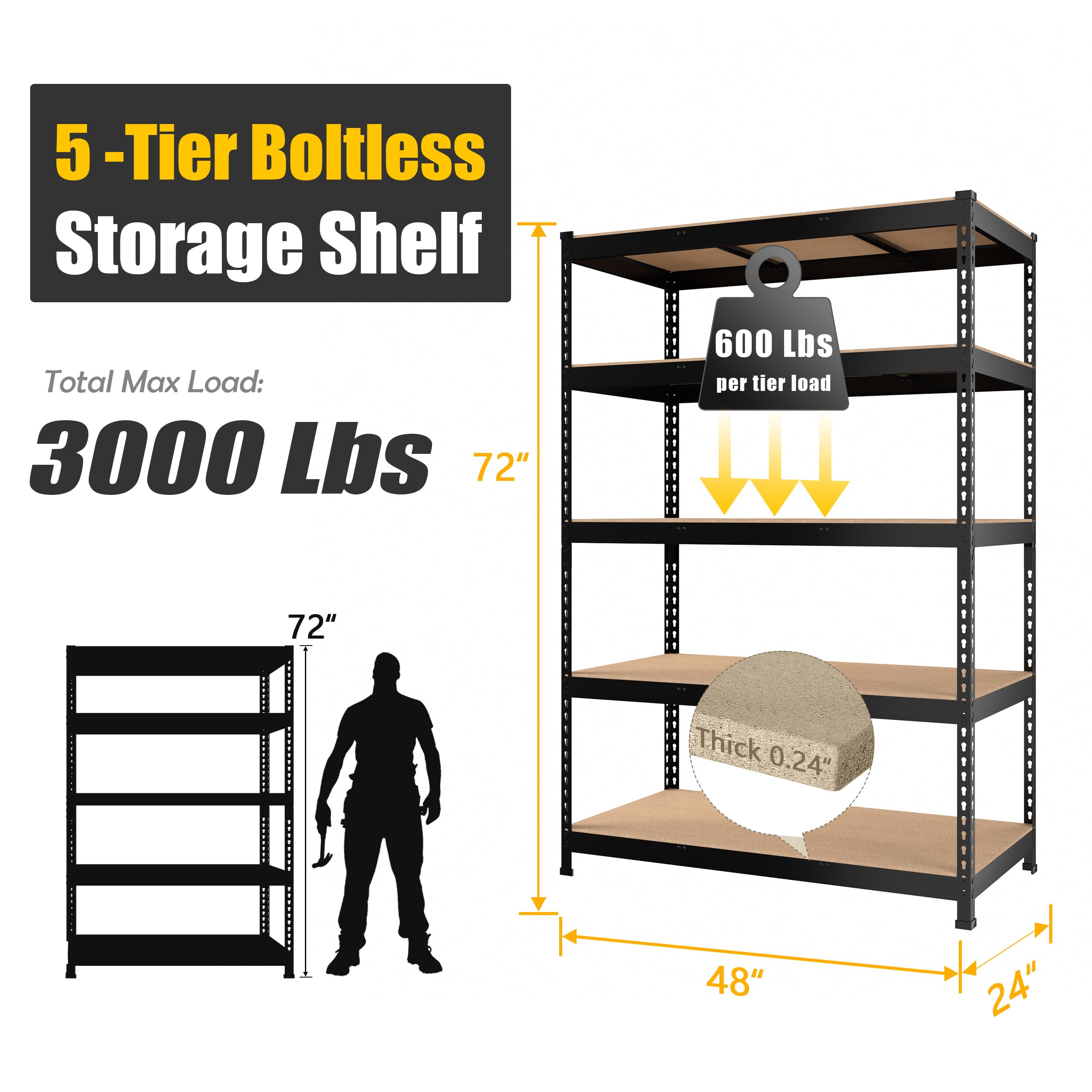 PrimeZone 48" x 24" x 72" Heavy Duty Storage Shelves - 5 Tier Adjustable Garage Storage Shelving, Metal Storage Utility Rack Shelf Unit for Warehouse Pantry Closet Kitchen, Black