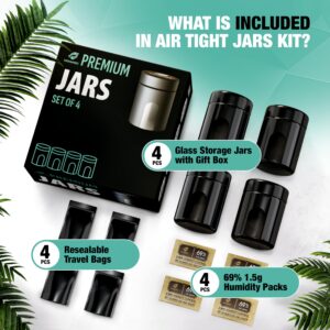 Premium Airtight Glass Storage Jars 120ml with 69% Humidity Control 4 Packs - UV Air Tight Jars with Child-Resistant Lid - Airtight Jar Container, Air Tight Storage,Storage Jars for Herb/Spice( Black)