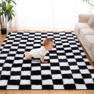 super soft rug for bedroom, 5x7 ft black and white area rug classic checkered shaggy rug anti-skid high pile soft fluffy rug fuzzy carpet for living room bedroom kids room nursery, dorm home decor