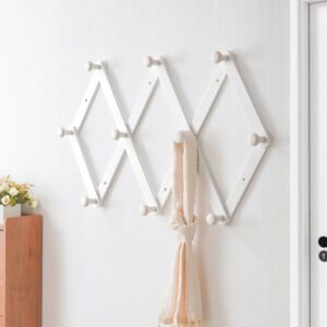 Dseap Expandable Coat Rack (Larger Version) - 24” High, Anti-Slip, Ultra Heavy Duty Wooden Accordian Wall Hanger with 10 Study Peg Hooks for Clothing Hats Jackets Bags, White