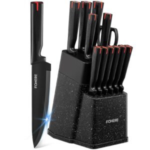 fohere knife set with block 13 pieces stainless steel knife sets for kitchen with built-in sharpener sharp kitchen knife block set with granite pattern, anti-slip handle rust resistant, black